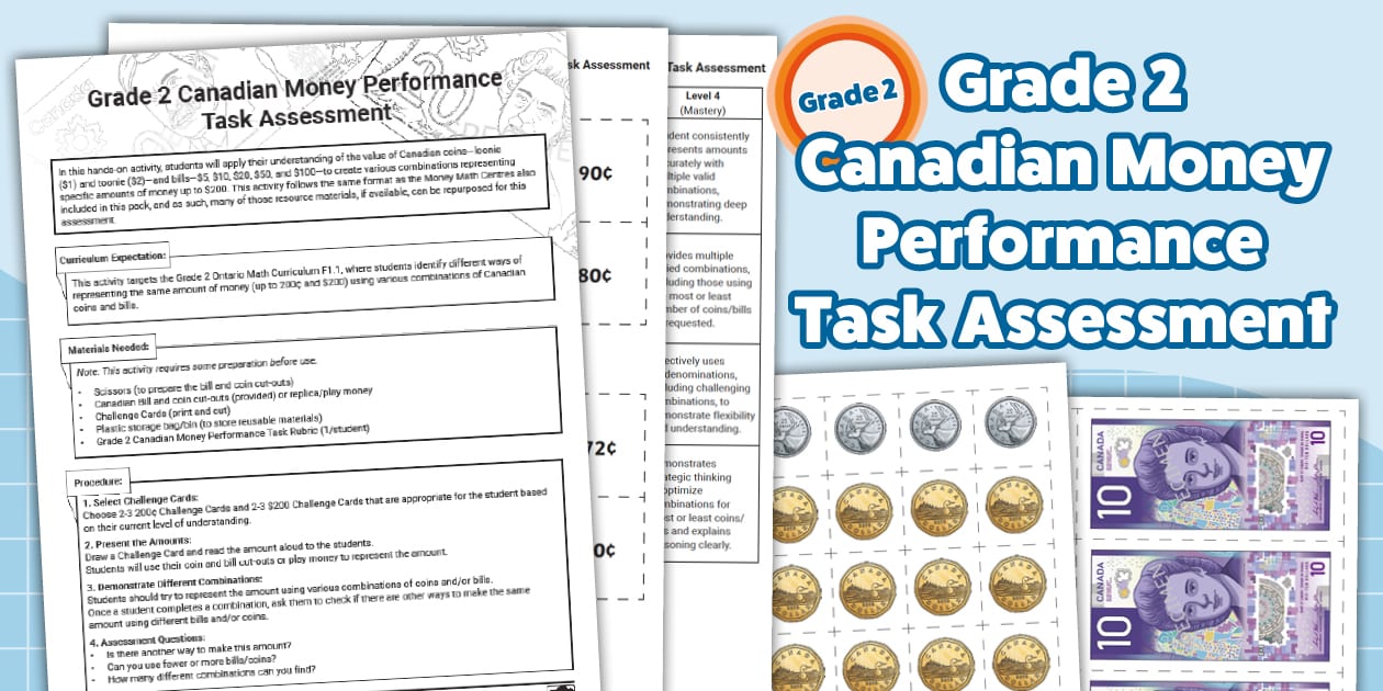 Grade 2 Canadian Money Performance Task Assessment and Rubric