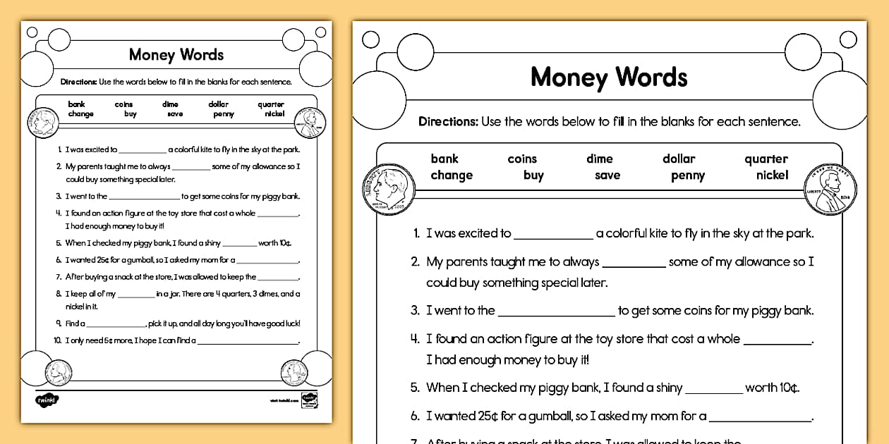 Second Grade Money Words Vocabulary Worksheet (teacher made)