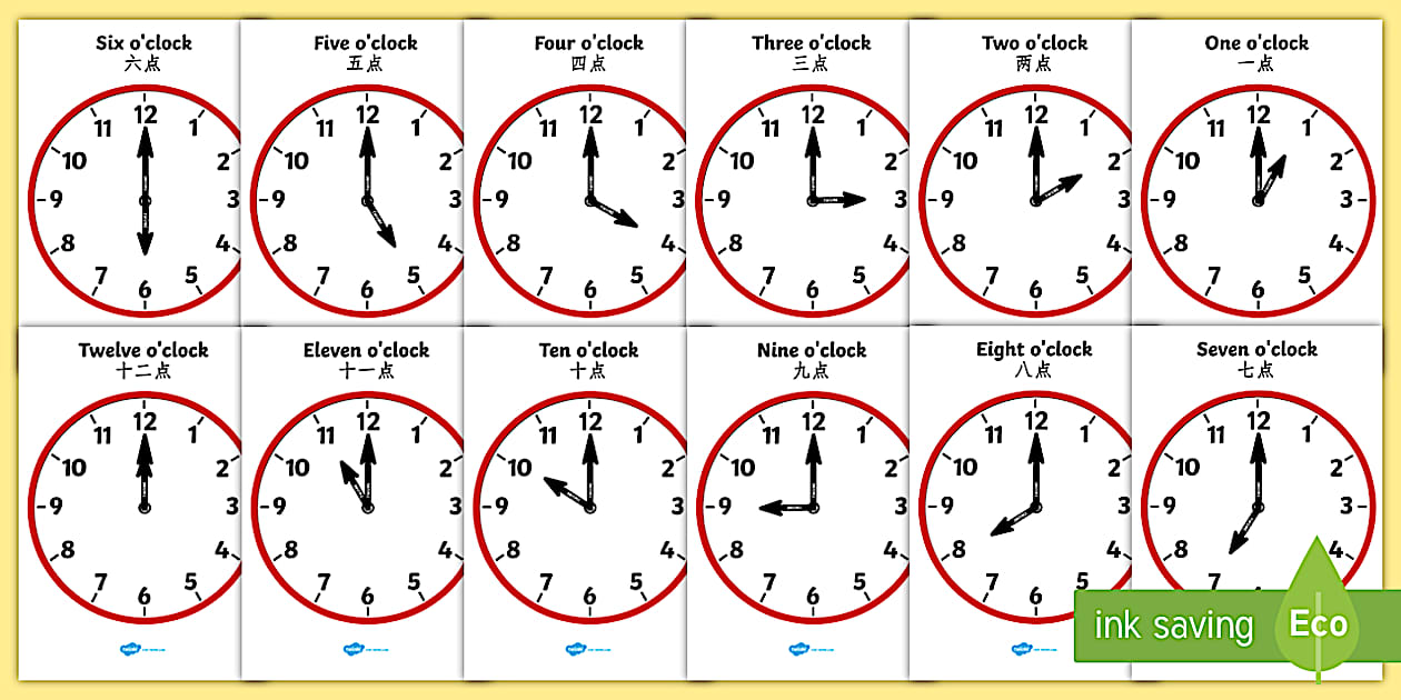 Analogue Clocks Hourly O' Clock Poster English/Mandarin Chinese - Analogue
