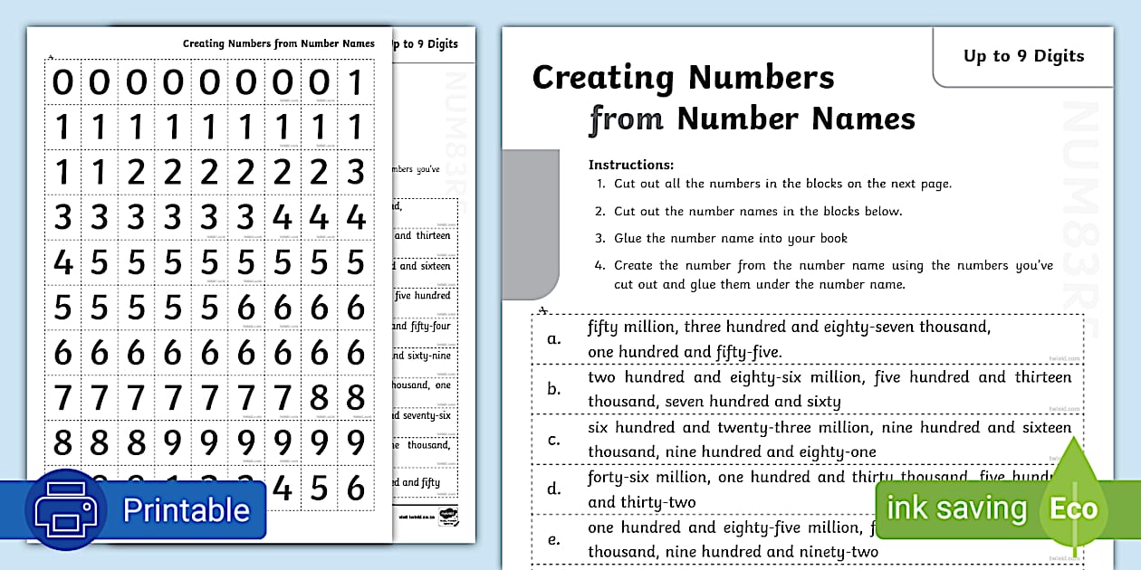 Creating Numbers from Number Names – Up to 9 Digits
