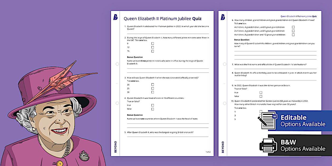 Queen Elizabeth II Platinum Jubilee Quiz Worksheet - Twinkl