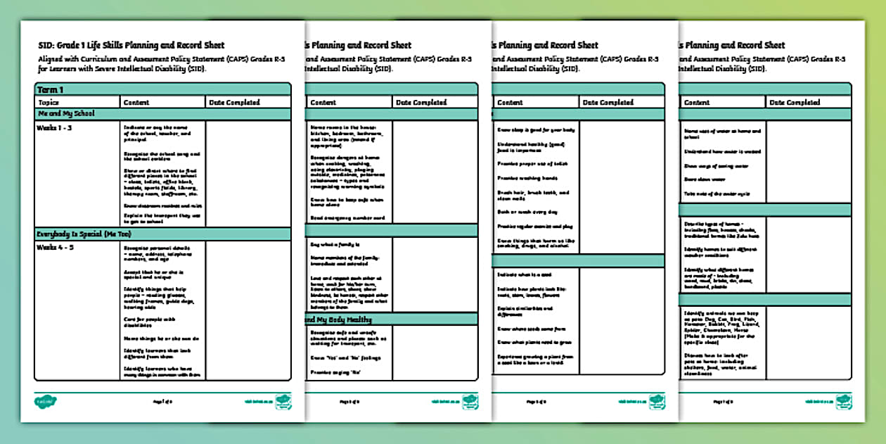 SID: Grade 1 Life Skills Planning and Record Sheet - Twinkl