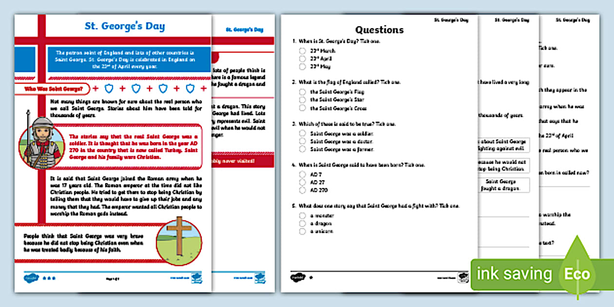 St. George's Day KS1 Reading Comprehension Pack