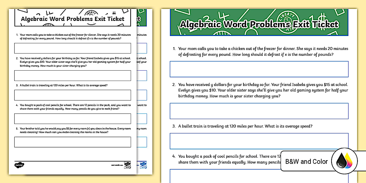 Fifth Grade Algebraic Word Problems Exit Ticket - Twinkl