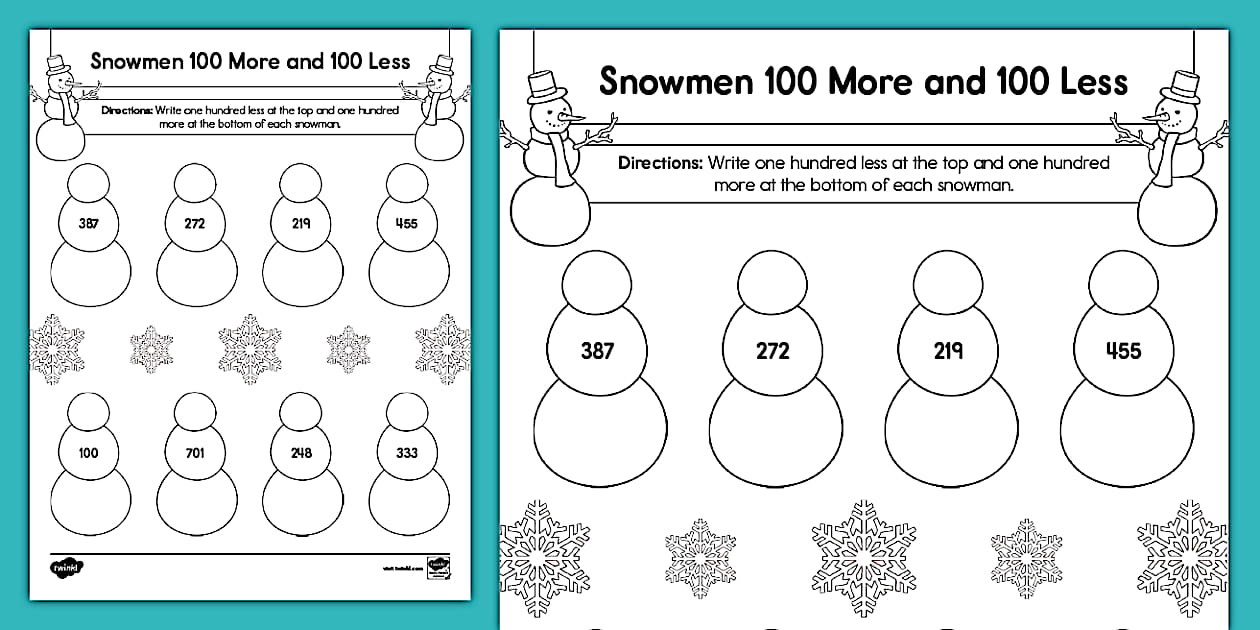 Second Grade Snowmen 100 More and 100 Less Worksheet