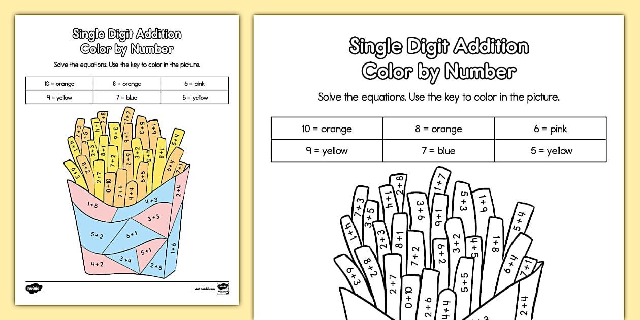 Kindergarten Single Digit Addition to 10 Color by Number