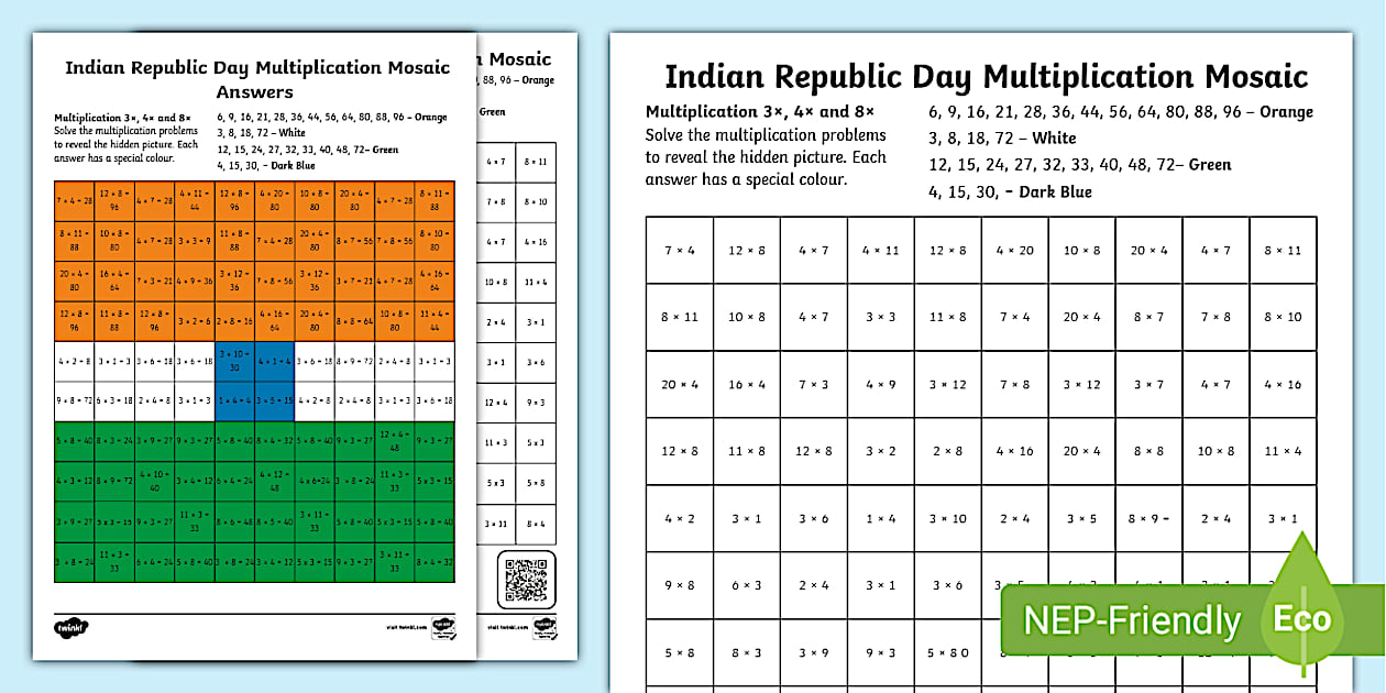 Republic Day of India Multiplication Mosaics activity sheet