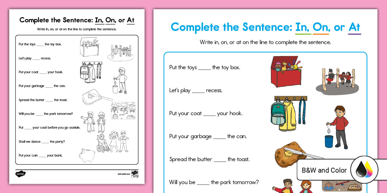 Complete the Sentence: In, On, or At Worksheet for ELL