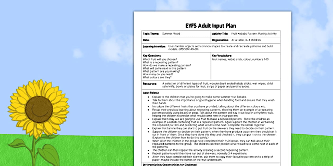 Black and White Summer Fruit Kebabs EYFS Adult Input Plan