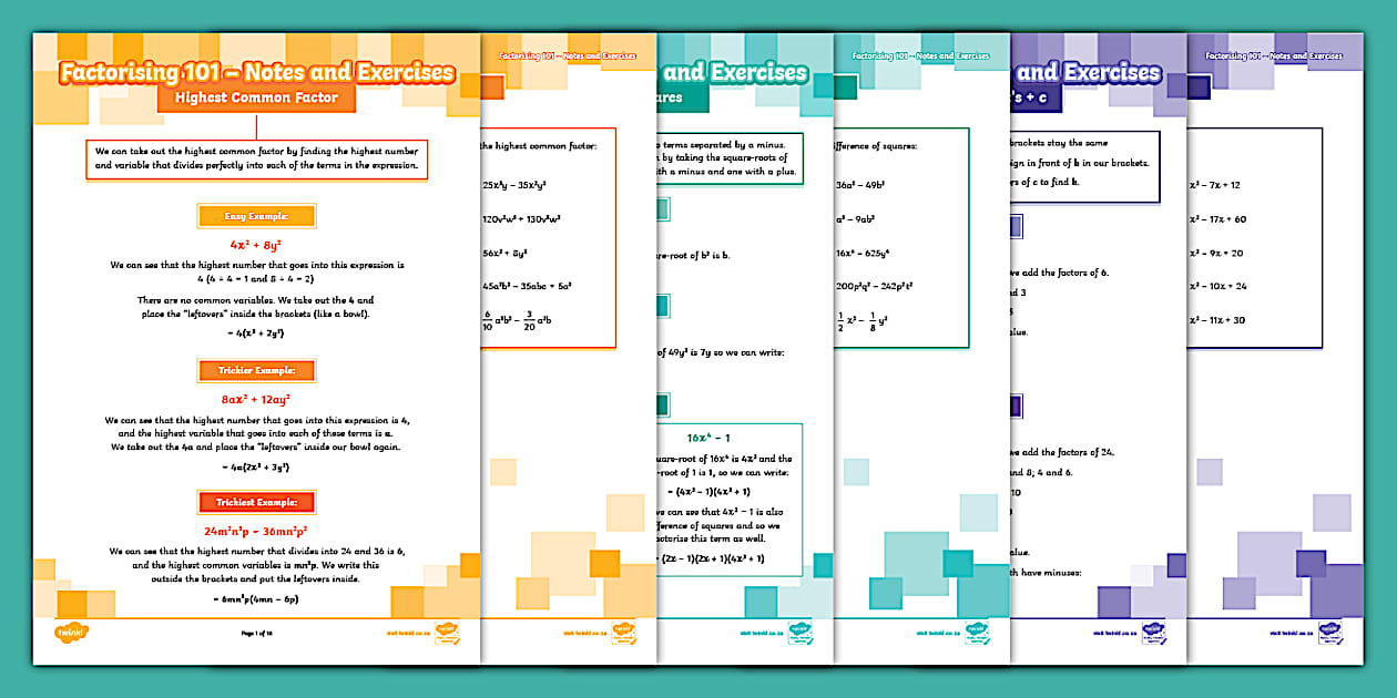 Factorising Notes and Exercises - Algebra - Twinkl ZA