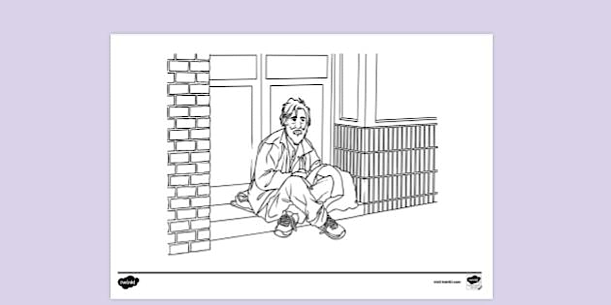 homeless man sitting in shop doorway Colouring | Colouring Sheets