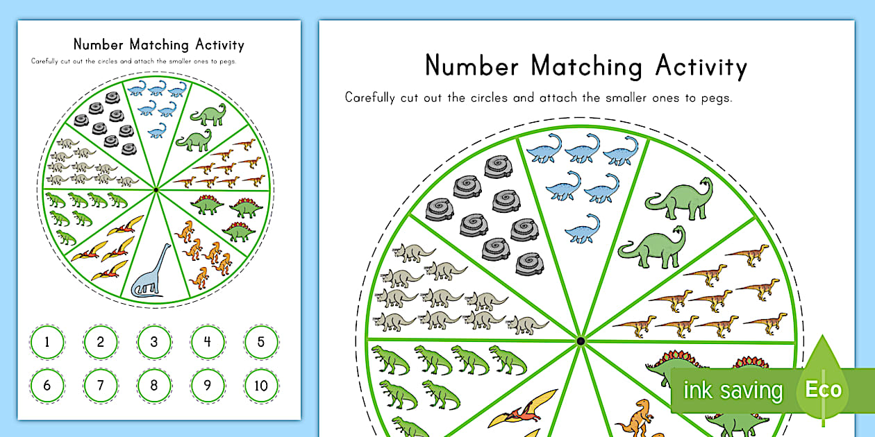 Dinosaur Number Matching Worksheet | PreK Resource | Twinkl