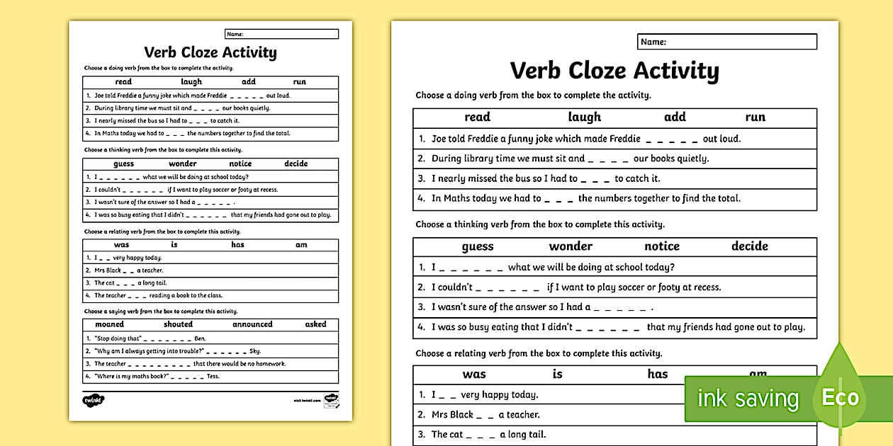 Verb Cloze Passage | Year 3 Australia | Teacher-Made