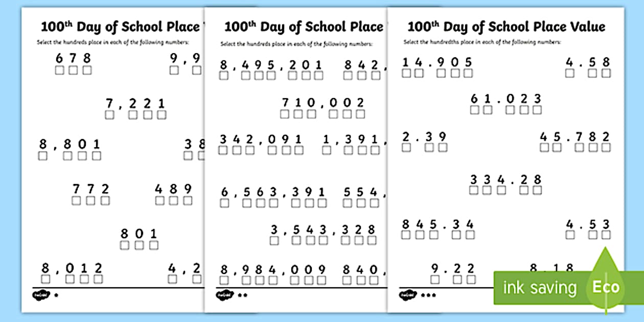 100th Day of School Place Value Worksheet | Twinkl USA