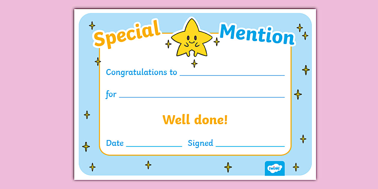 Special Mention Certificate - Twinkl - KS1 (teacher made)