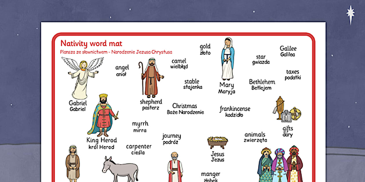 Nativity Word Mat Polish Translation (teacher made) - Twinkl