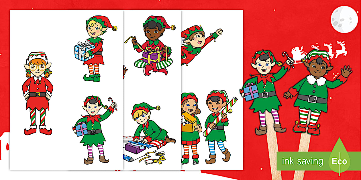 Black and White Christmas Elf Stick Puppets (teacher made)