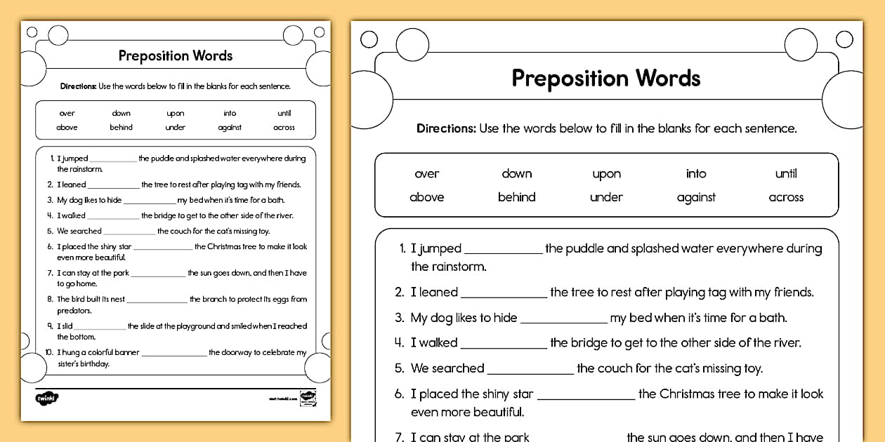 Second Grade Preposition Words Vocabulary Worksheet - Twinkl