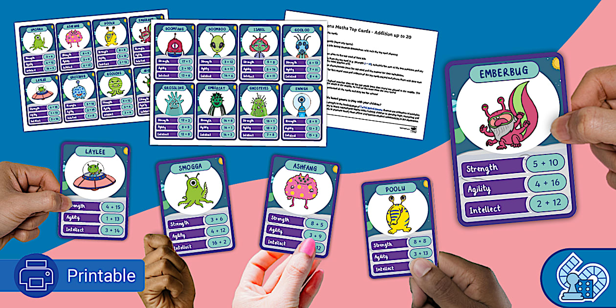 Space Aliens Addition up to 20 - KS1 Top Cards - Twinkl