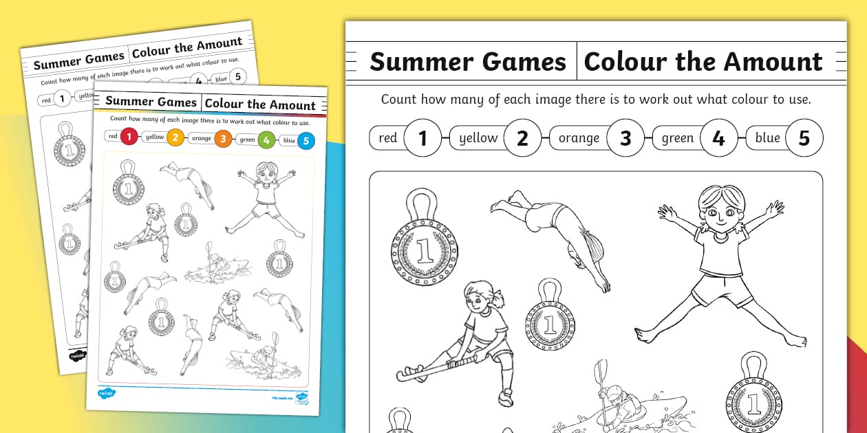 👉 Summer Games Colour the Amount Worksheet - Twinkl
