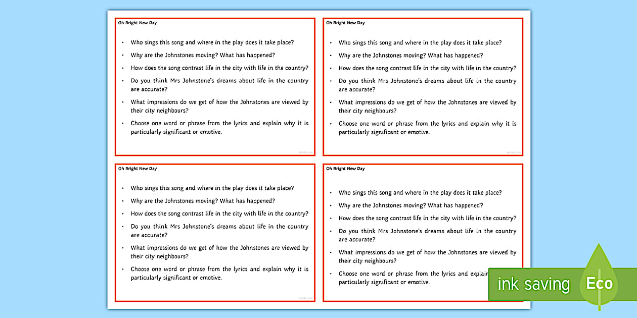 GCSE Oh Bright New Day Question Cards (Lehrer gemacht)