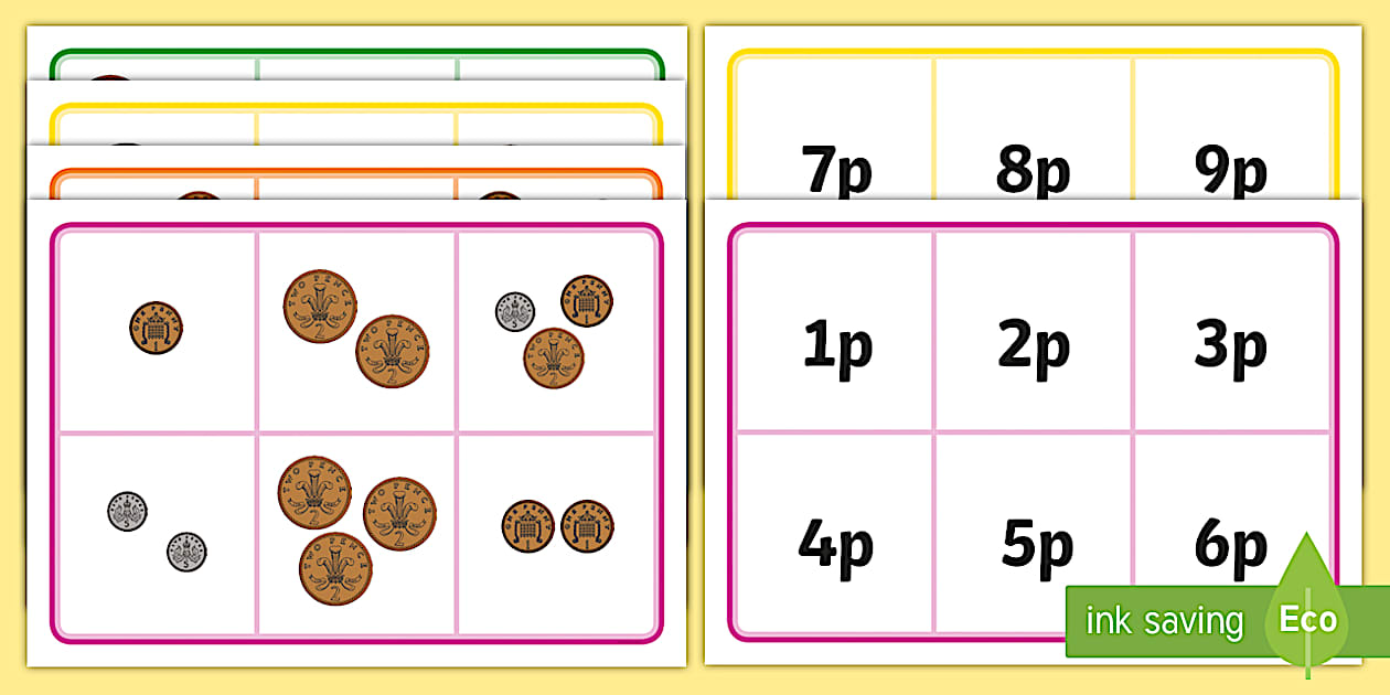 Money Bingo to 10p Using 1p, 2p and 5p Coins (teacher made)