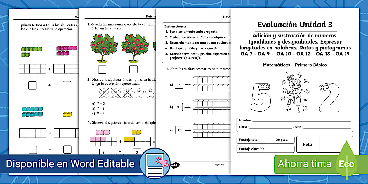 Prueba De Matemáticas Primero Básico Sumas Y Restas