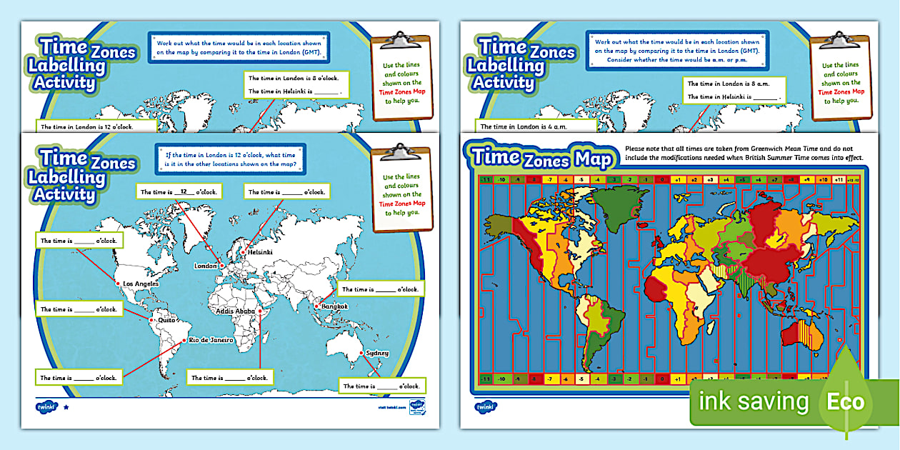 Time Zones Differentiated Labelling Activity - KS2 - Twinkl