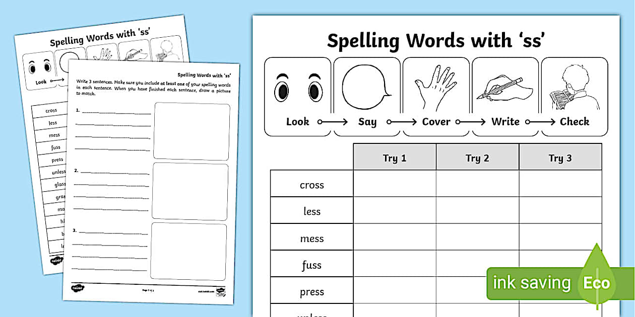'ss' Spelling List Worksheets (teacher made) - Twinkl