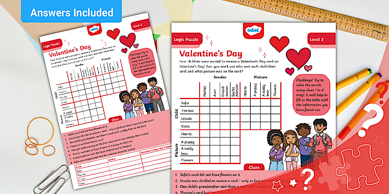 Valentine’s Day Logic Puzzle - Level 3 - Twinkl - Puzzles