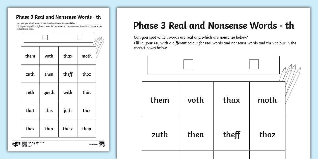 Phase 3 th Colour by Phoneme Real and Nonsense Words Worksheet / Worksheet