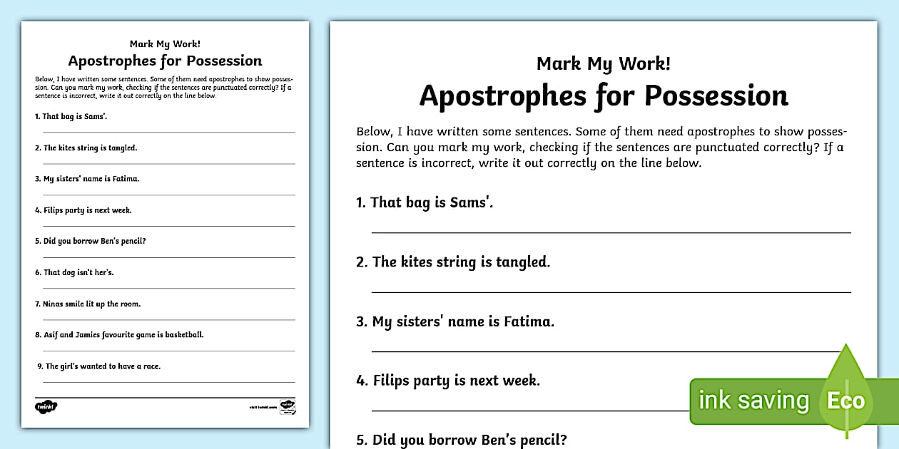 Mark My Work! Apostrophes for Possession Activity, Apostrophes