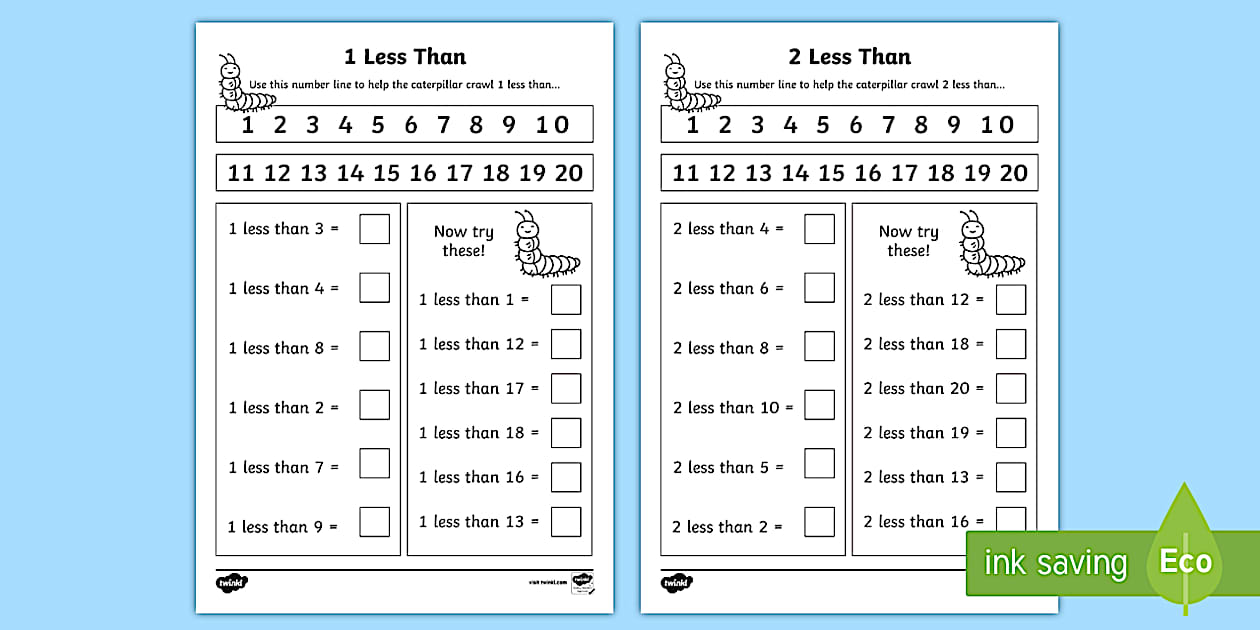 1 less than and 2 less than Worksheets - Worksheets, 1 More and 2 More
