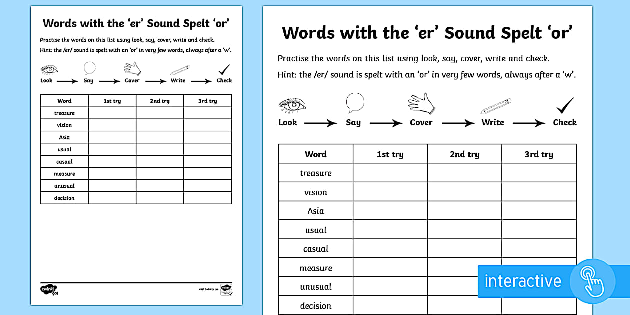 Year 2 Spelling Practice /er/ Sound Spelt 'or' Worksheet