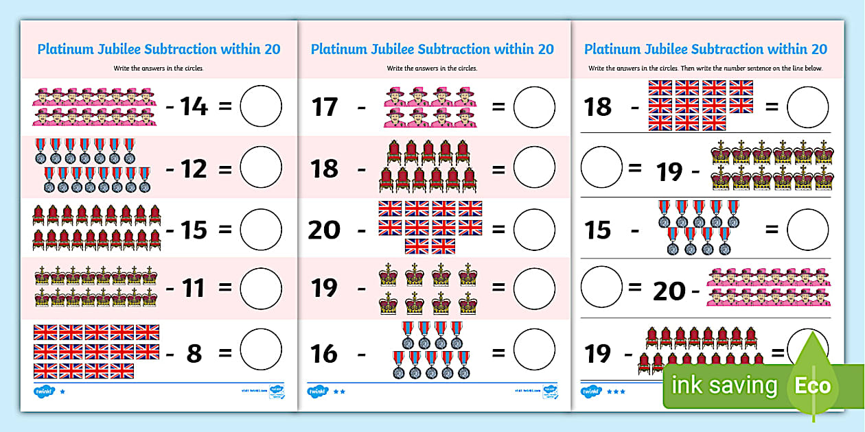 Lower Ability Platinum Jubilee Subtraction Within 20 Activity Sheets