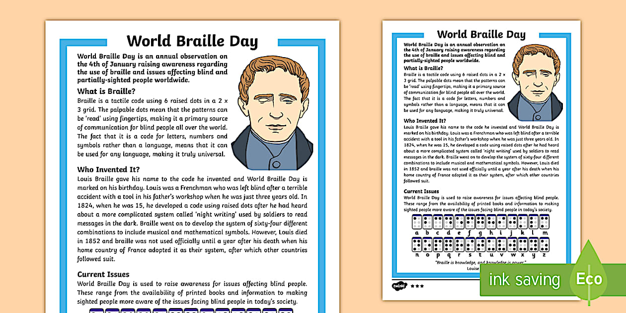 World Braille Day Differentiated Fact File (teacher made)