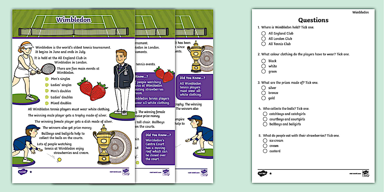 KS1 Wimbledon Differentiated Reading Comprehension Activity
