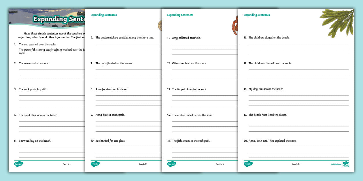 Expanding Sentences - The Seashore Activity Sheet - Twinkl