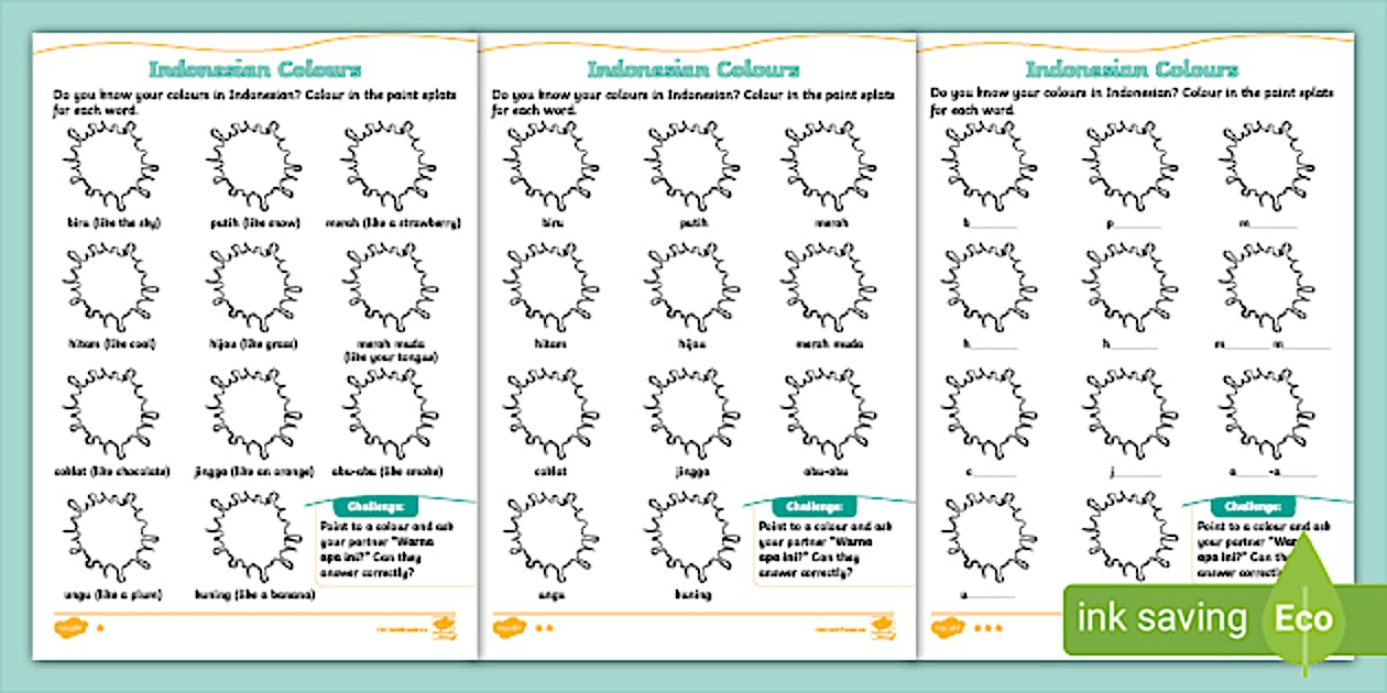 Colours Differentiated Worksheet Indonesian (teacher made)