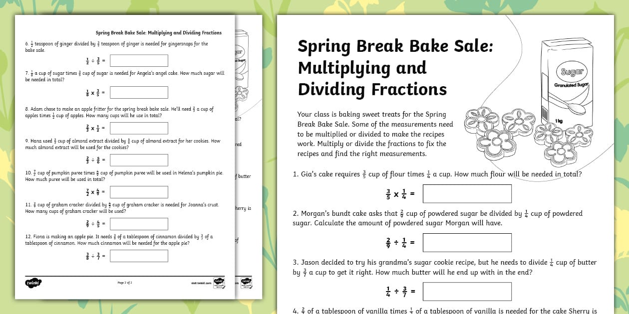 Fifth Grade Spring Break Bake Sale: Fractions Worksheet