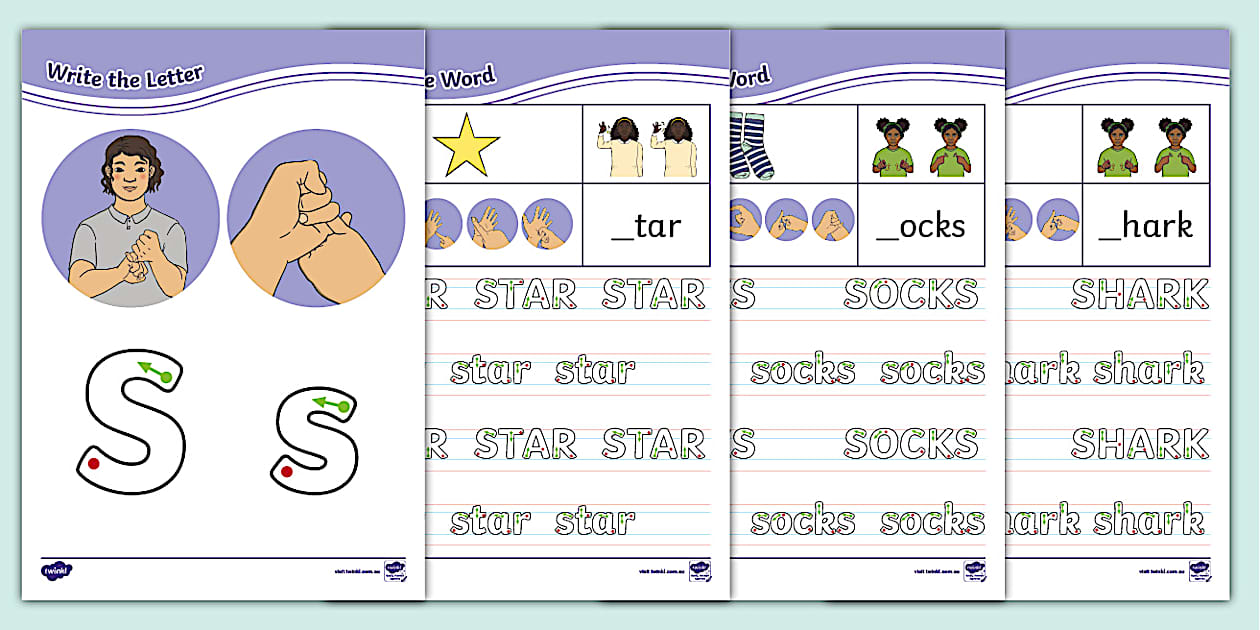 Words Starting with S Handwriting Worksheets with Auslan