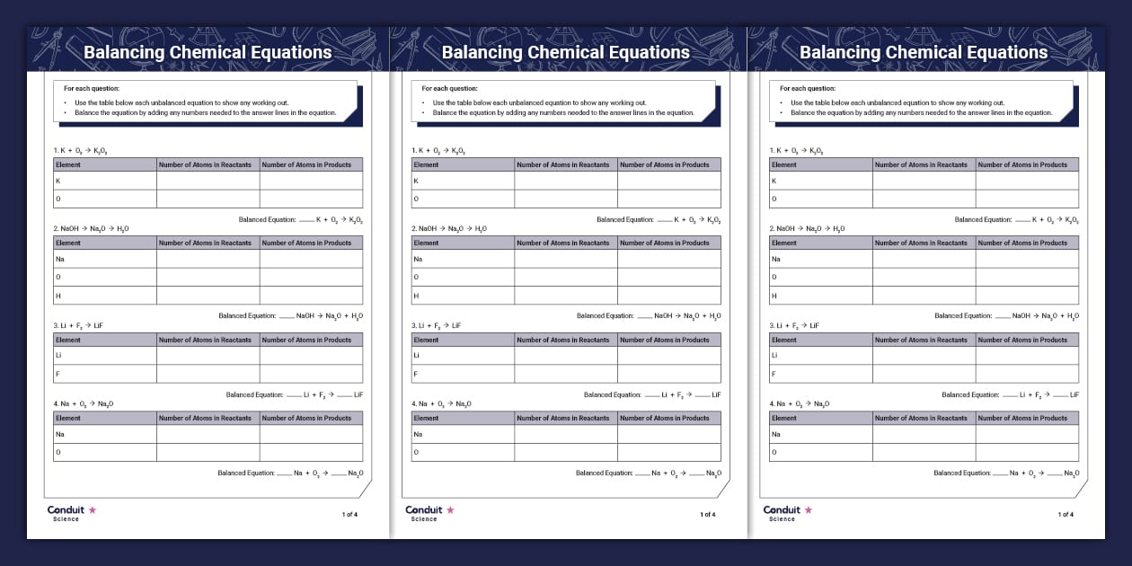 Balancing Chemical Equations: Work Sheet (teacher made)