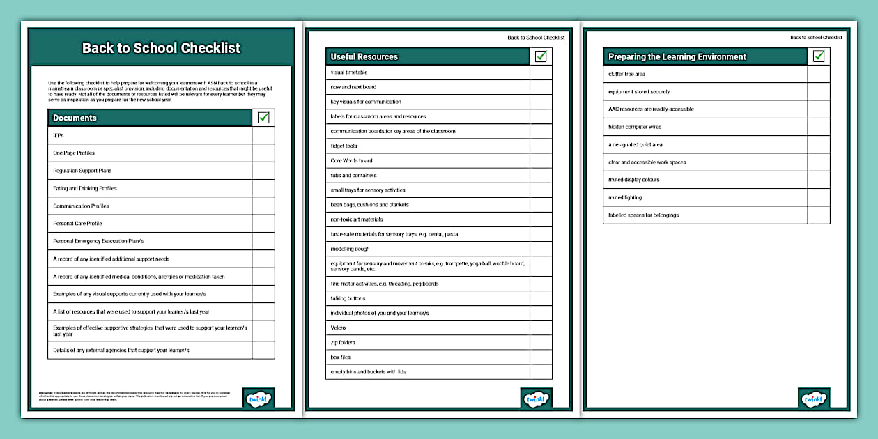 ASN Back to School Checklist (professor feito) - Twinkl