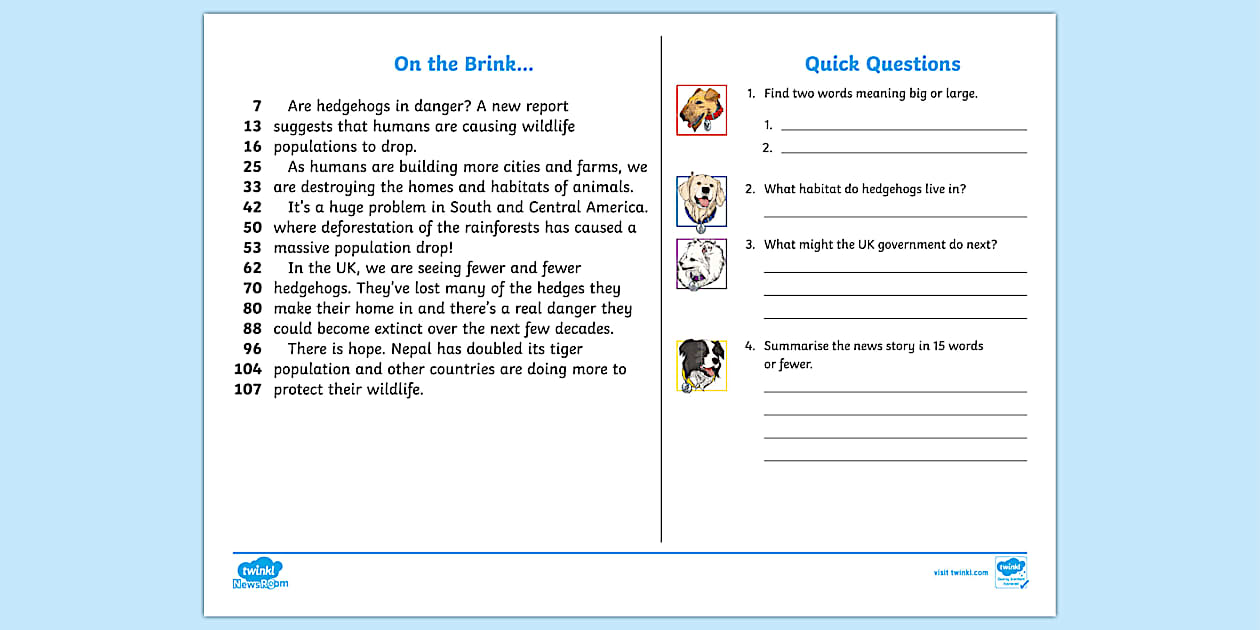 LKS2 Wildlife Wipeout Daily News 60-Second Read Activity Cards
