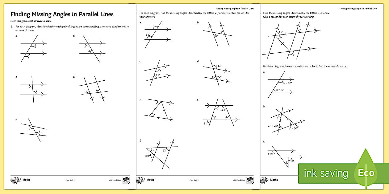 Editable Finding Missing Angles in Parallel Lines Worksheet