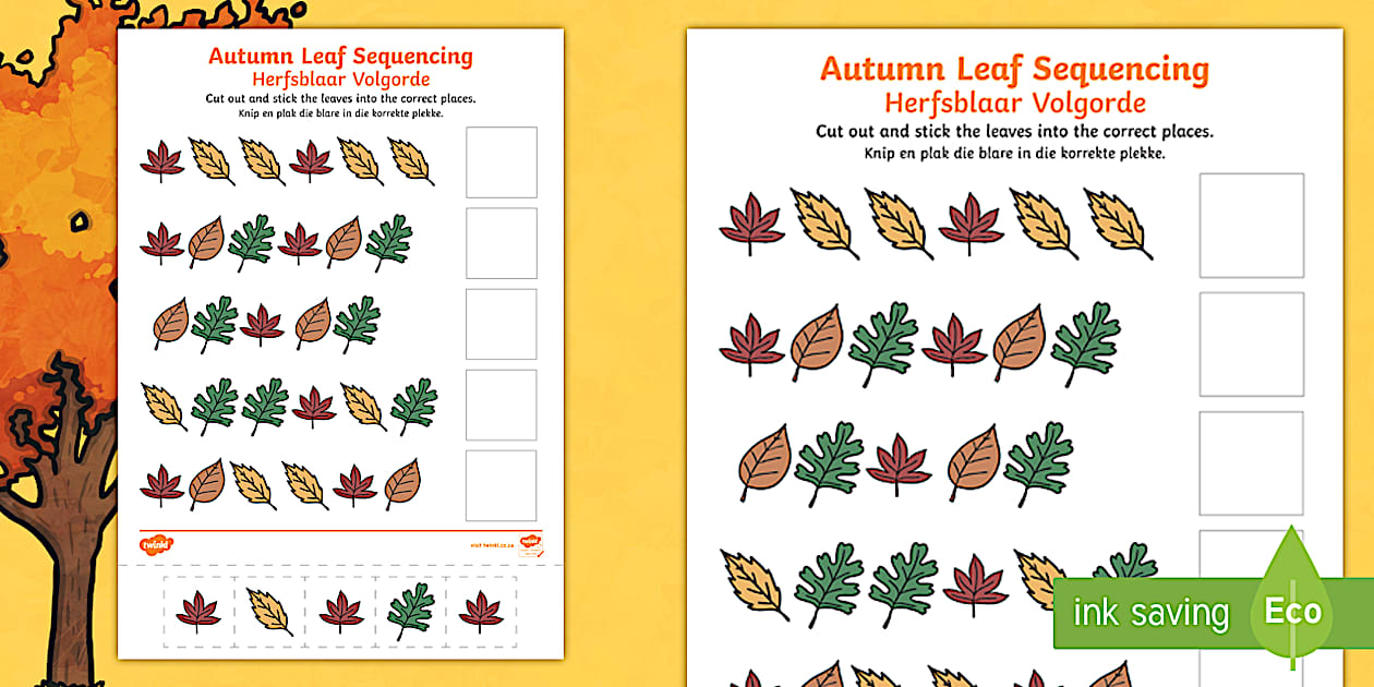 Black and White Autumn Leaf Sequencing Worksheet English/Afrikaans