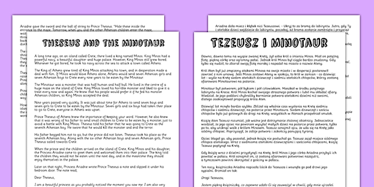 Theseus and the Minotaur Story Print Out Polish Translation
