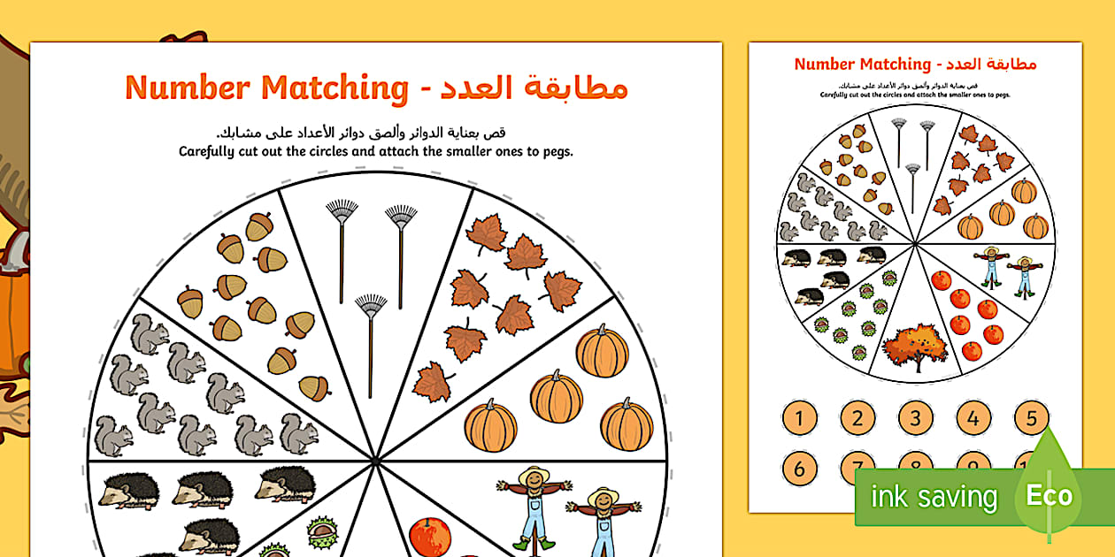 Number Matching Pegs Autumn Themed Arabic/English - Twinkl