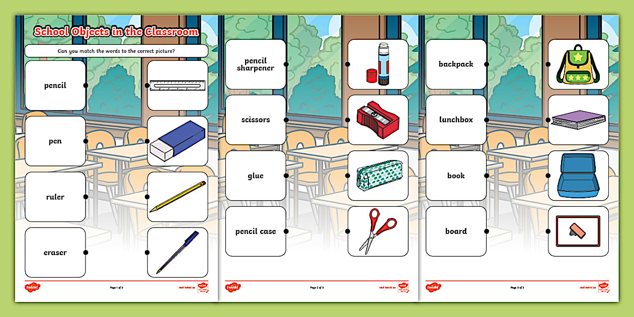 School Objects in the Classroom Matching Worksheet - Twinkl
