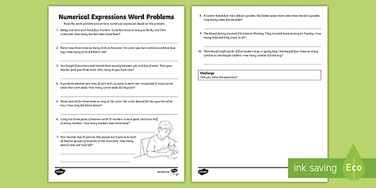 Numerical Expressions in Word Problems Math Worksheet